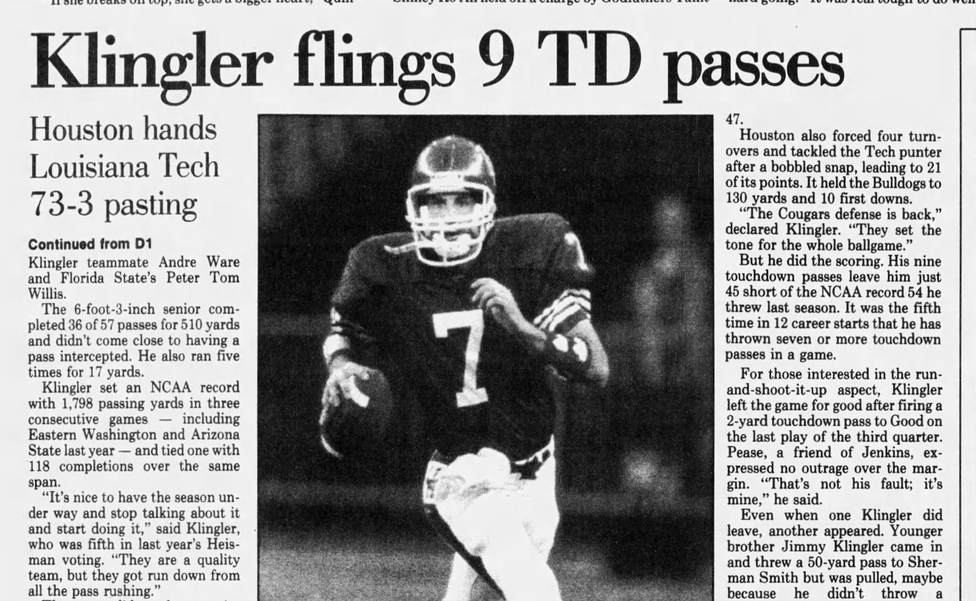 David Klingler sets an NCAA record with 6 TDs in a quarter » GoCoogs.com