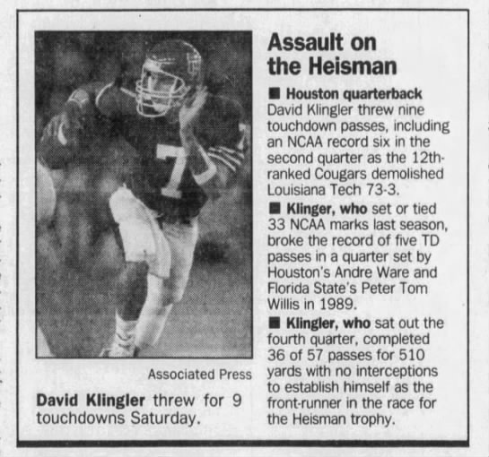 David Klingler sets an NCAA record with 6 TDs in a quarter » GoCoogs.com