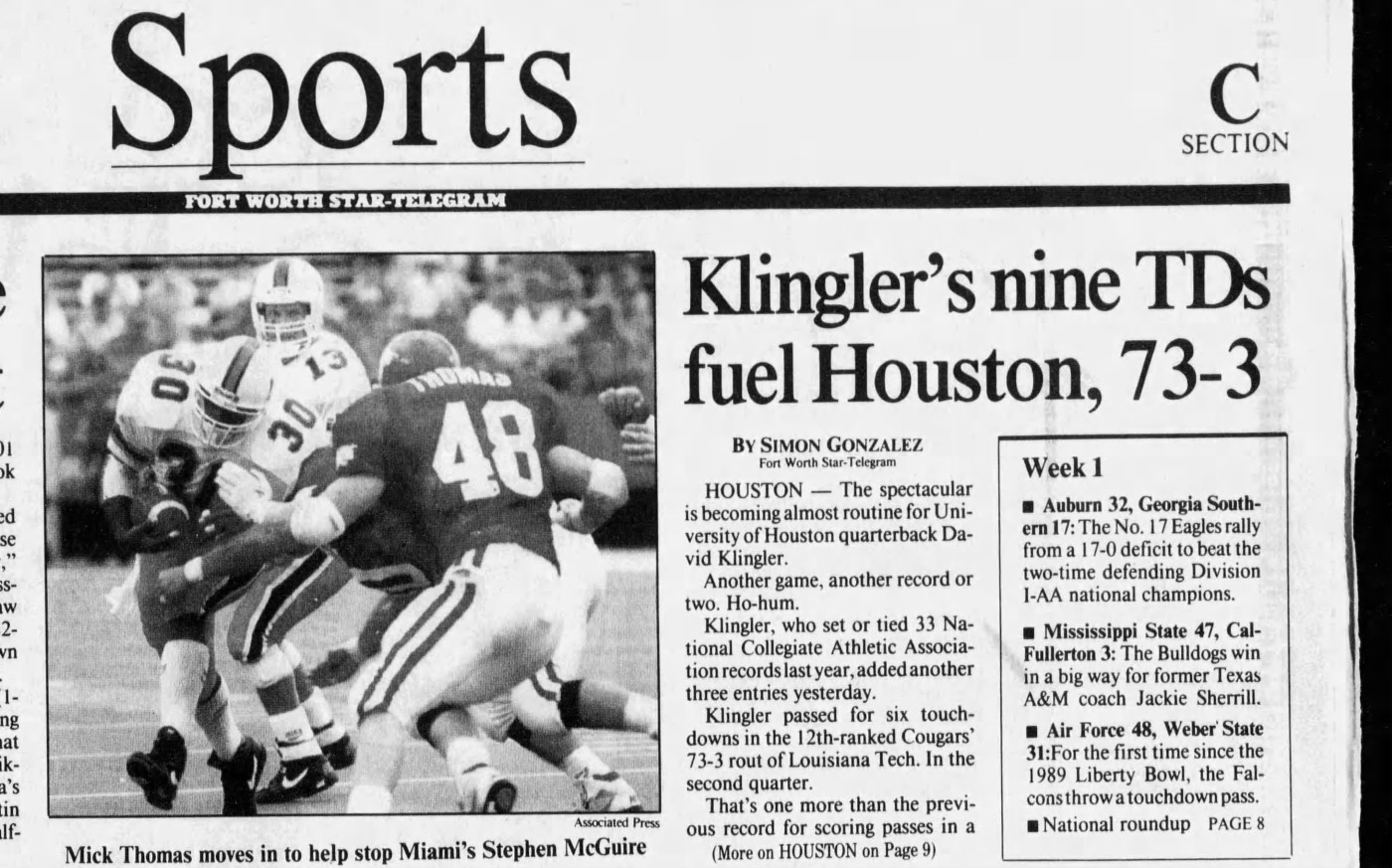 David Klingler sets an NCAA record with 6 TDs in a quarter » GoCoogs.com