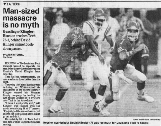 David Klingler sets an NCAA record with 6 TDs in a quarter » GoCoogs.com